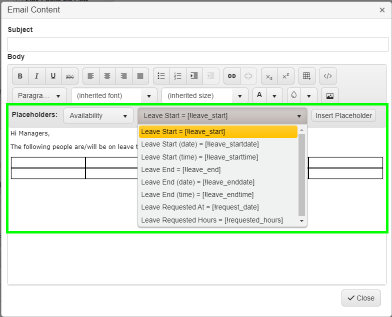 How do I create a table within an email alert's Template Editor? – Humanforce